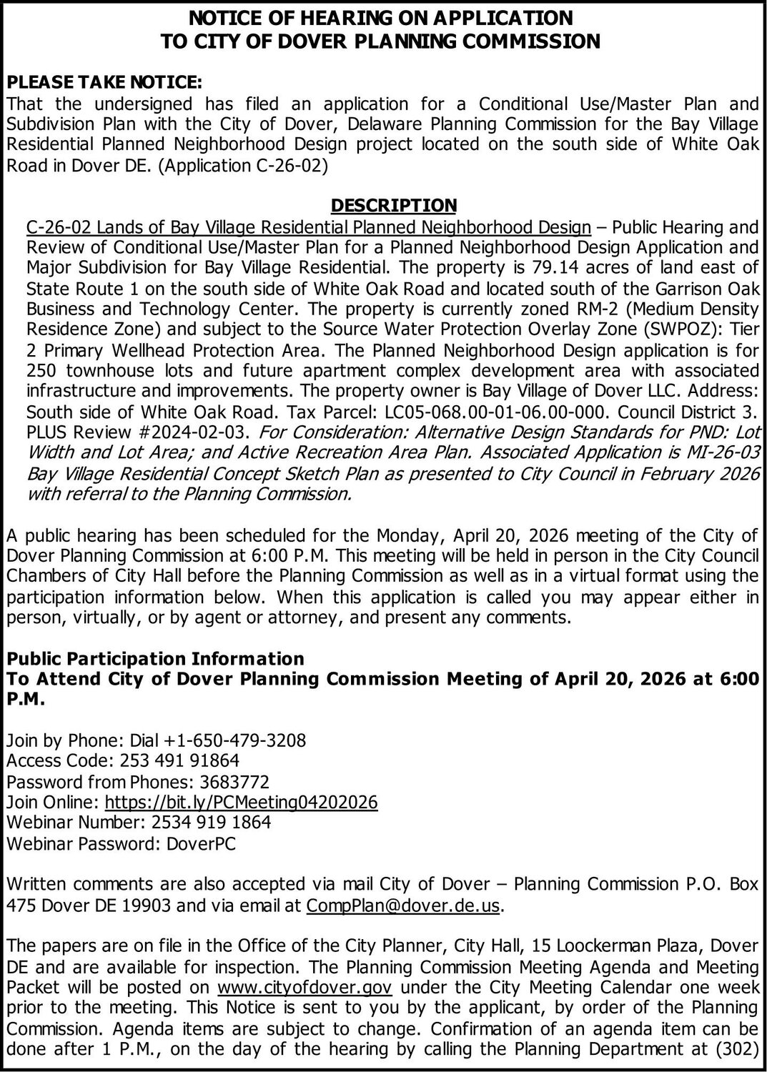 NOTICE OF HEARING ON APPLICATION TO CITY OF DOVER PLANNING COMMISSION ...